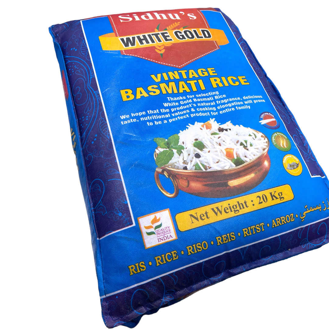 Sidhu's White Gold Vintage BLUE Basmati Rice 20kg - Yogi Mart - Online ...