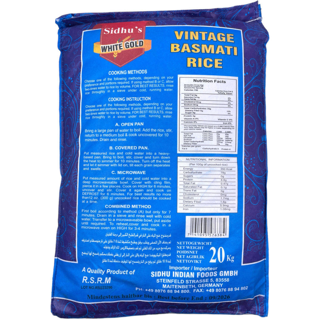 Sidhu's White Gold Vintage BLUE Basmati Rice 20kg - Yogi Mart - Online ...